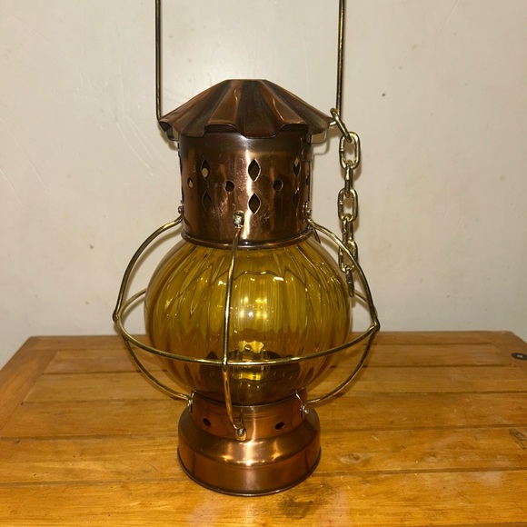 Source Unknown | Accents | Vintage Glass Amber Hanging Brass Oil Lamp ...